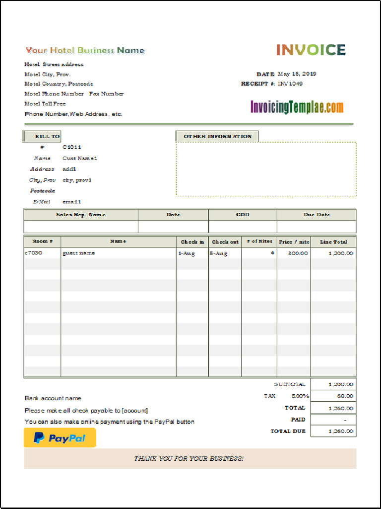 Hotel Bill Format With Online Payment | PDF