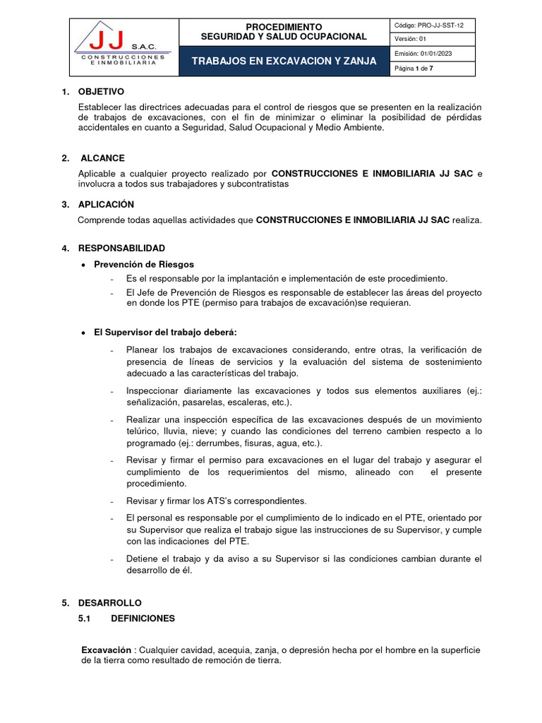 Procedimiento Trabajos en Exacavacion y Zanjas | PDF | Seguridad y ...