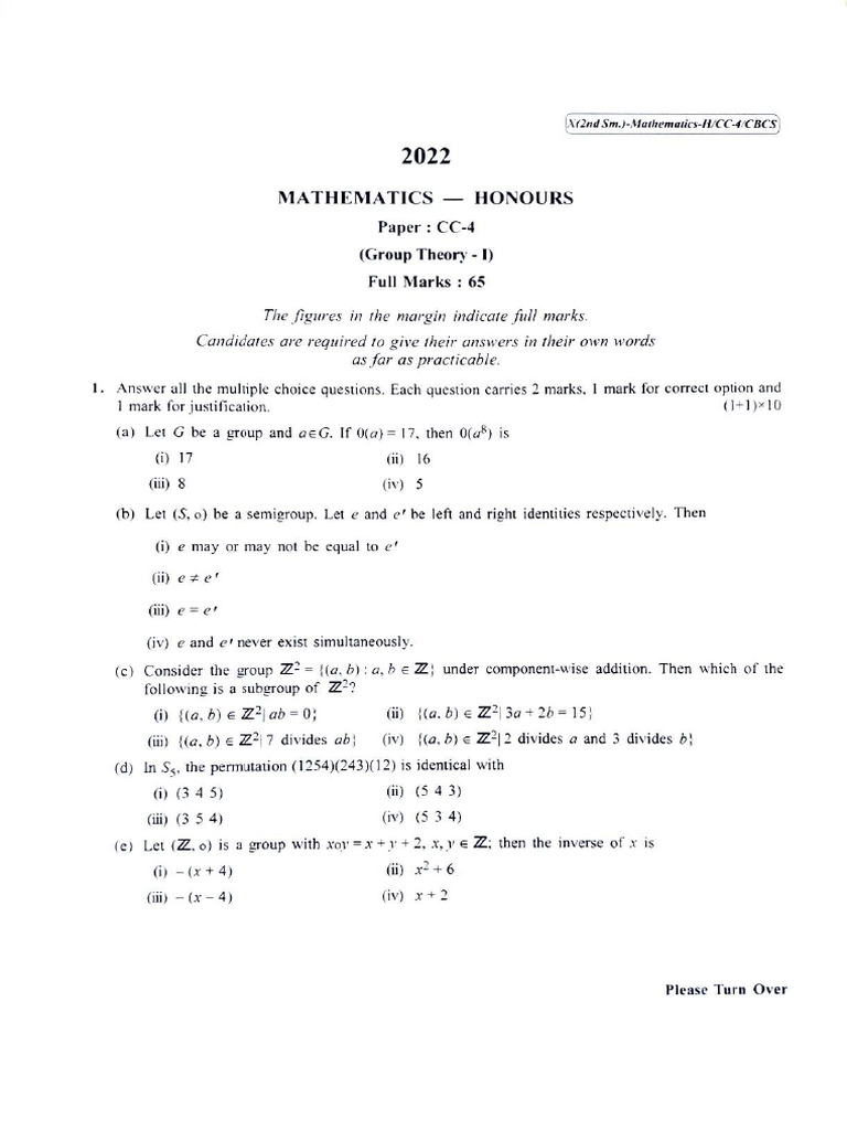 CU-2022 B.Sc. (Honours) Mathematics Semester-2 Paper-CC-4 QP | PDF | Group (Mathematics ...