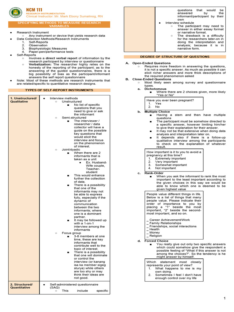 11 Research Instrumentation | PDF | Self Report Study | Validity (Statistics)