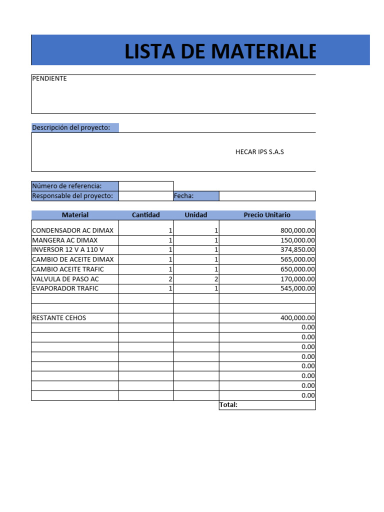 Lista de Materiales BOM HECAR IPS S.A.S | PDF