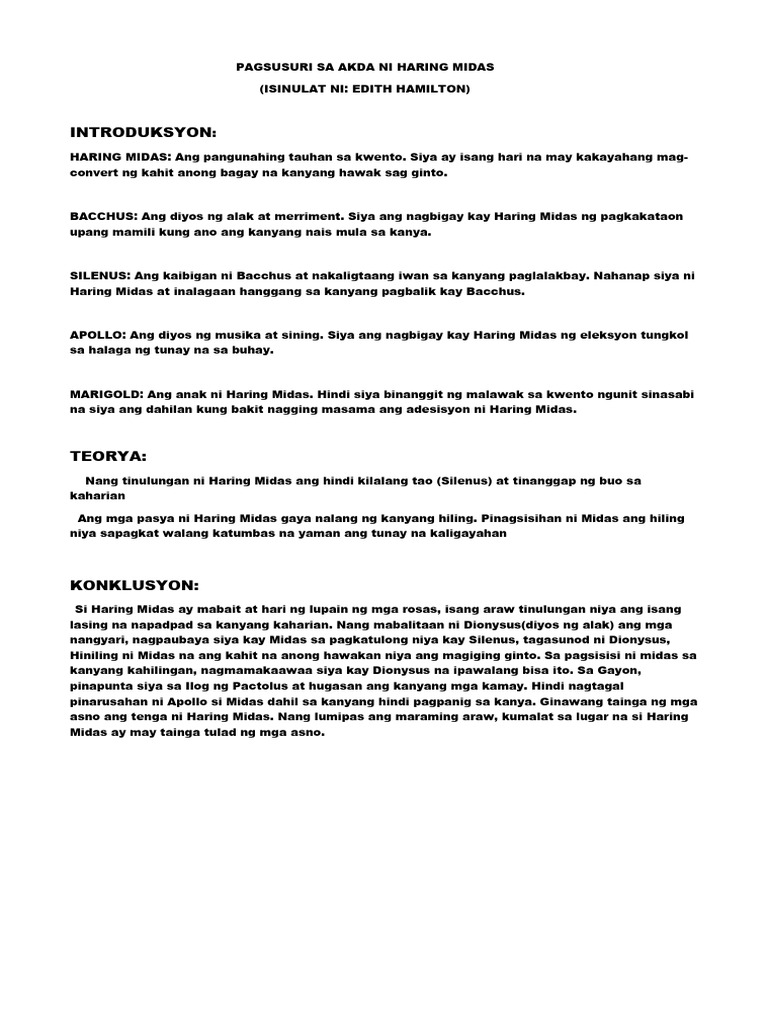 Pagsusuri Sa Akda Ni Haring Midas.2 | PDF