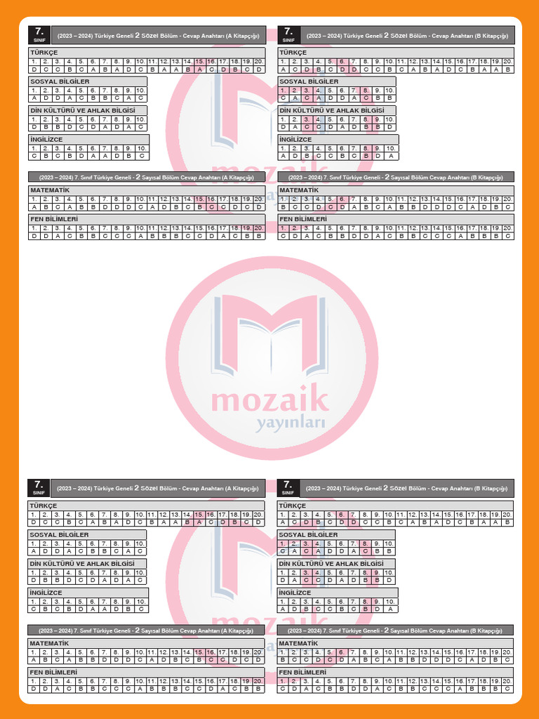 7.SINIF MOZAIK TG 2 CEVAP ANAHTARI | PDF