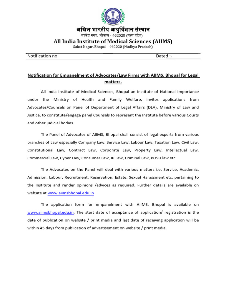 AIIMS Bhopal Advocate Empanelment 2025 | PDF | Advocate | Lawyer