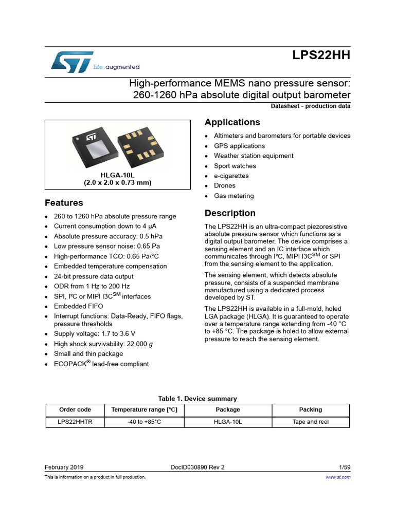 Lps 22 HH | PDF | Pressure Measurement | Sensor