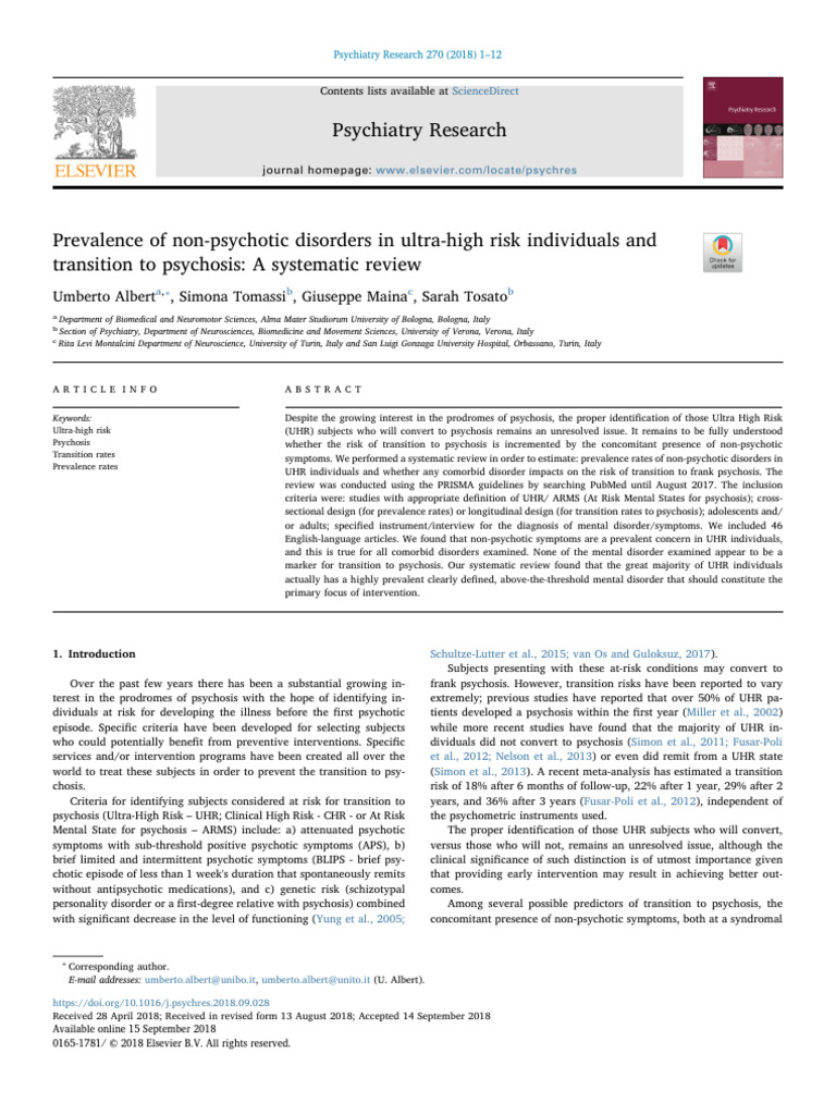 Albert-2018-Prevalence of Non-Psychotic Disorders in Ultra-High Risk ...
