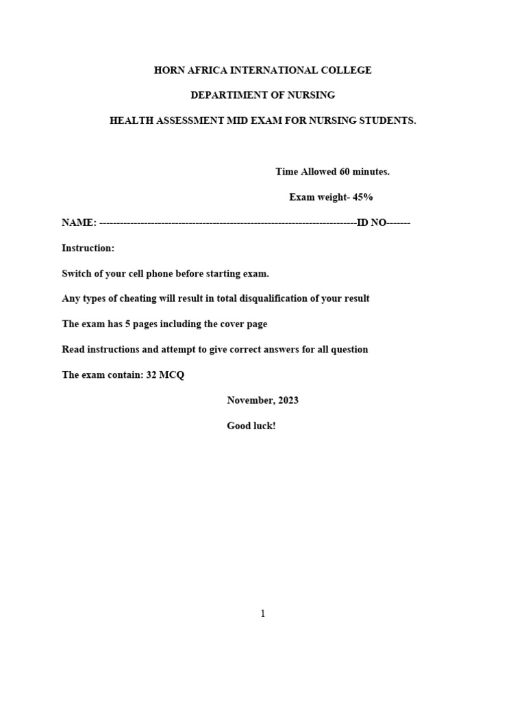 Health Assessment Mid Exam | PDF | Nursing | Medical Specialties