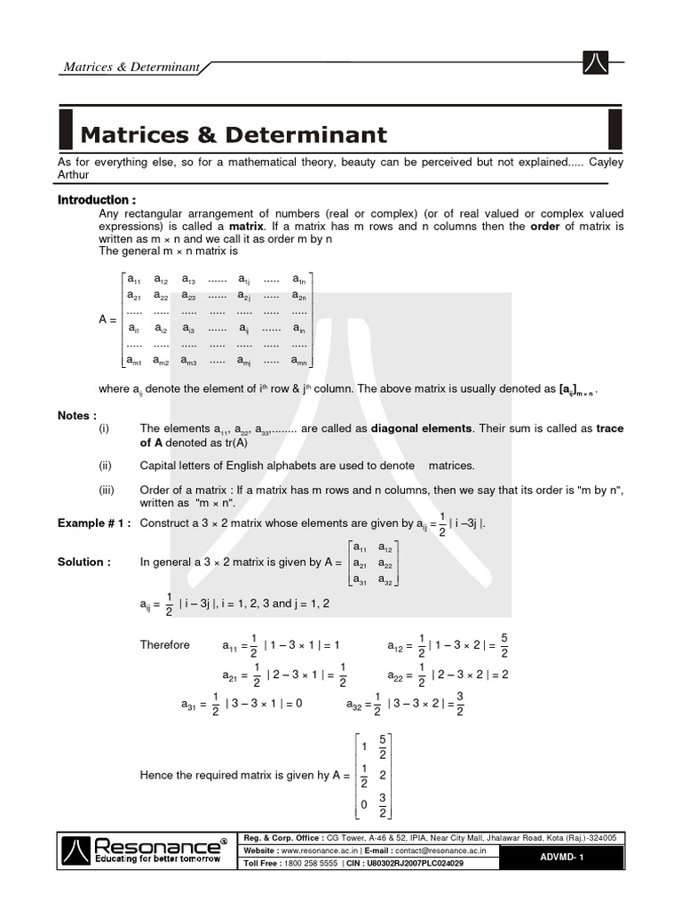 Matrices and Determinants Exercise Solutions With Theory | PDF | Matrix (Mathematics) | Determinant