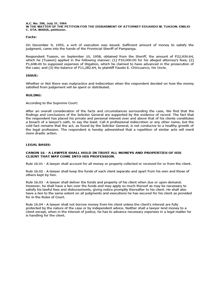 Sta Maria V Tuason AC No 396 | PDF | Lawyer | Judgment (Law)