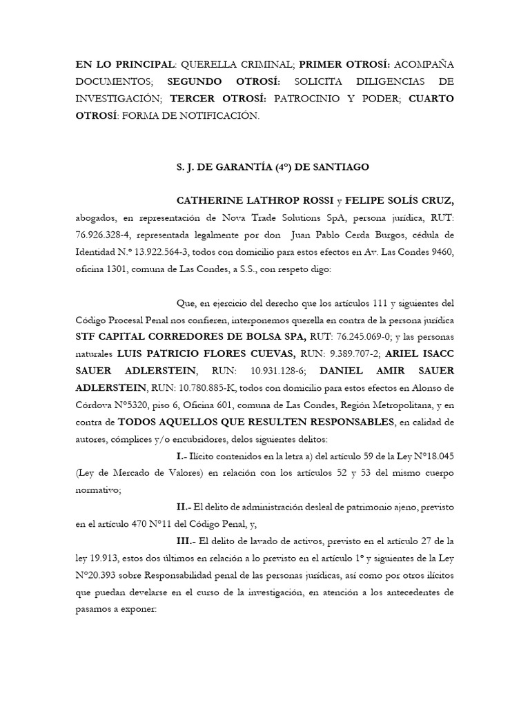 Querella contra STF Capital y otros | PDF | Derecho penal | Intención ...