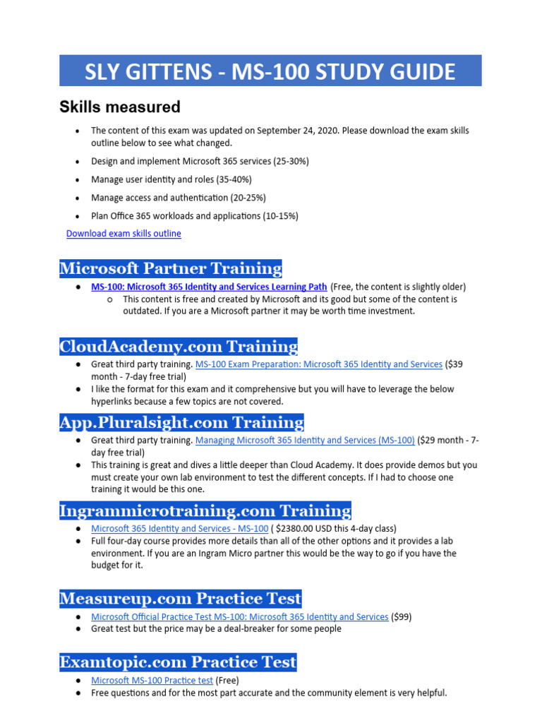 MS-100 Study Guide | PDF | Share Point | Active Directory