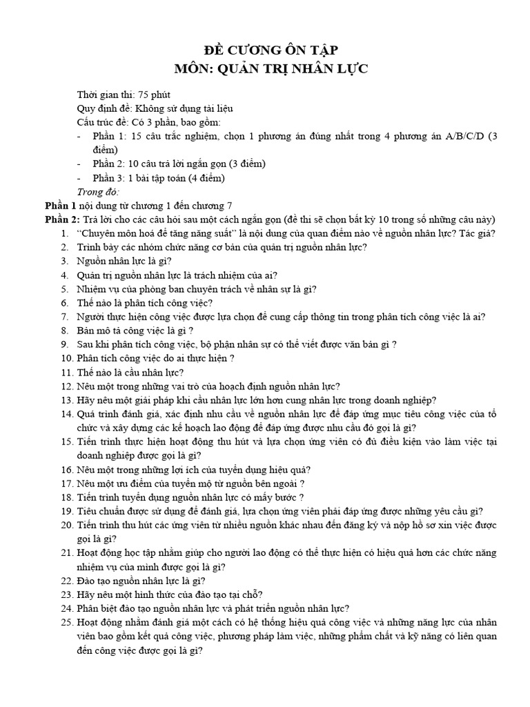 2023 Đề Cương Ôn Tập HRM 301 | PDF