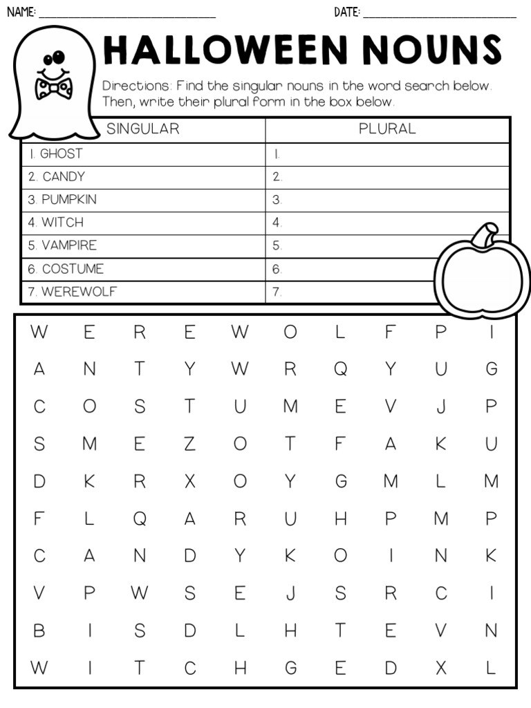 Halloween Noun Word Search | PDF | Grammatical Number | Plural