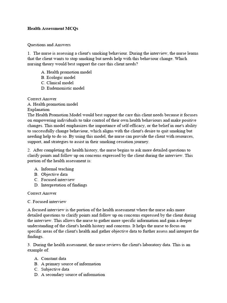 Health Assessment MCQs Quiz | PDF | Nursing | Medical Diagnosis