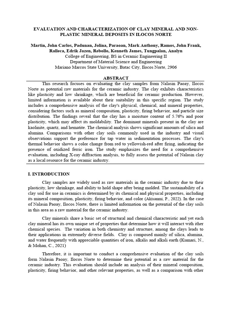 Evaluation and Characterization of Clay Mineral and Non-Plastic Mineral ...