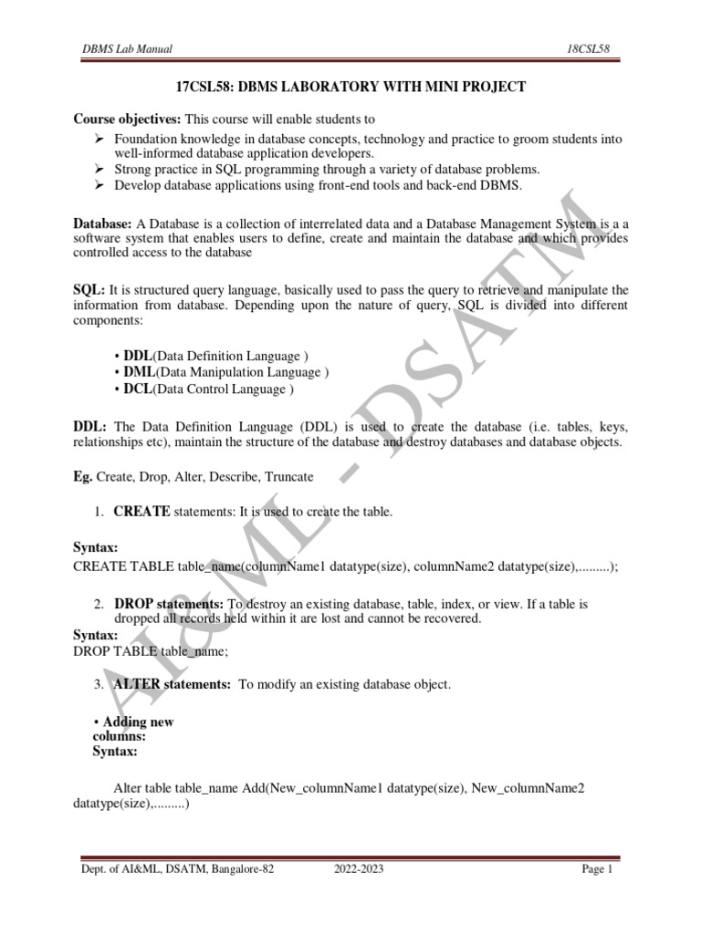 Dbms Lab Manual Pdf Relational Database Databases 