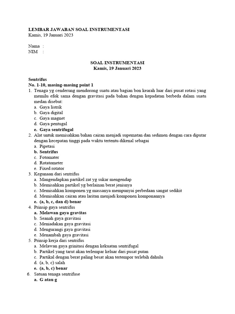 Lembar Jawaban Soal Instrumentasi | PDF