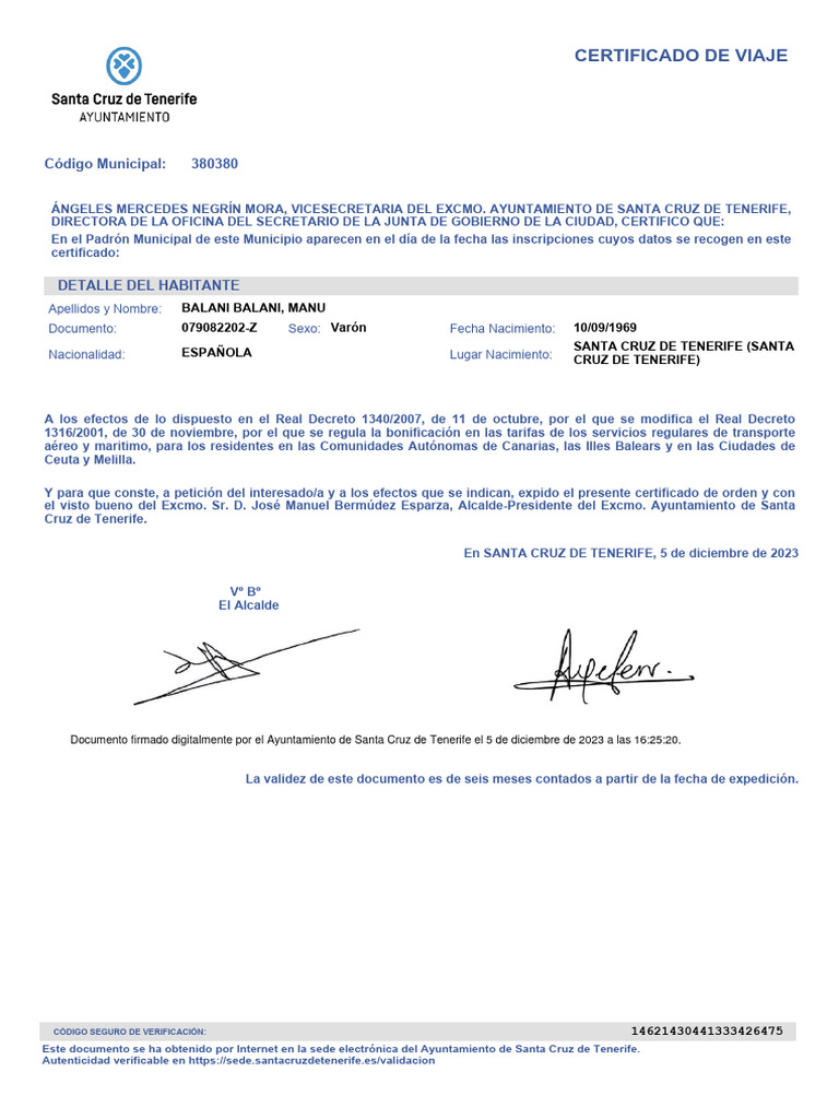 Certificado Viaje Manu | PDF