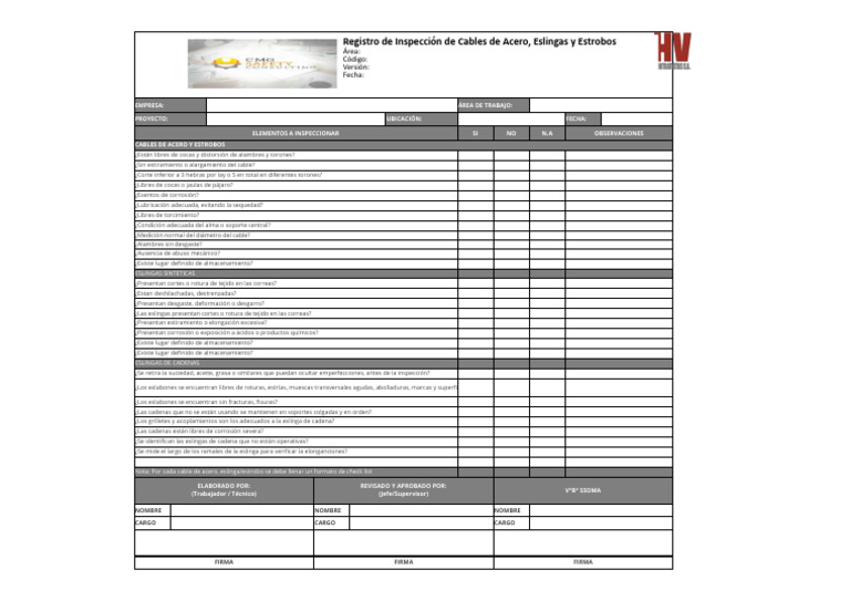 Compartir Registro De Inspección De Cables De Acero Eslingas Y Estrobo