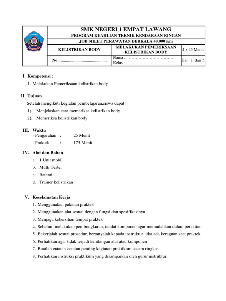 JOBSHEET PEMERIKSAAN Kelistrikan Body | PDF | Bisnis | Teknologi & Rekayasa