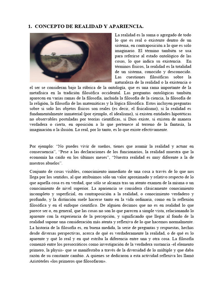 1 CONCEPTO DE REALIDAD Y APARIENCIA | PDF | Realidad | Conocimiento