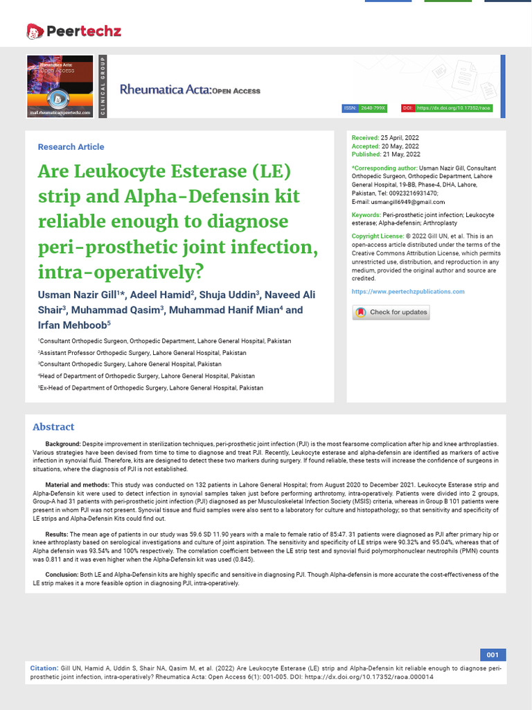 Are Leukocyte Esterase (LE) Strip and Alpha-Defensin Kit Reliable ...