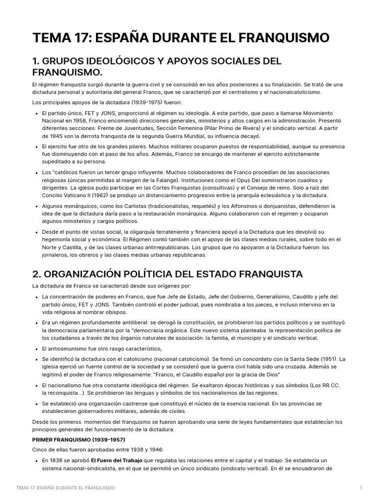 Tema 17 Espaa Durante El Franquismo | PDF | España franquista | Francisco franco