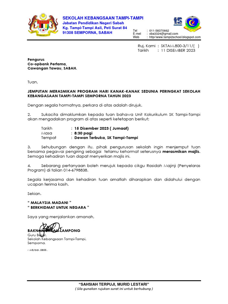 Surat Jemputan Merasmikan Hari Kanak-Kanak | PDF