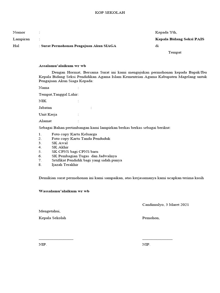 Surat Permohonan Akun SIAGA Sekolah | PDF