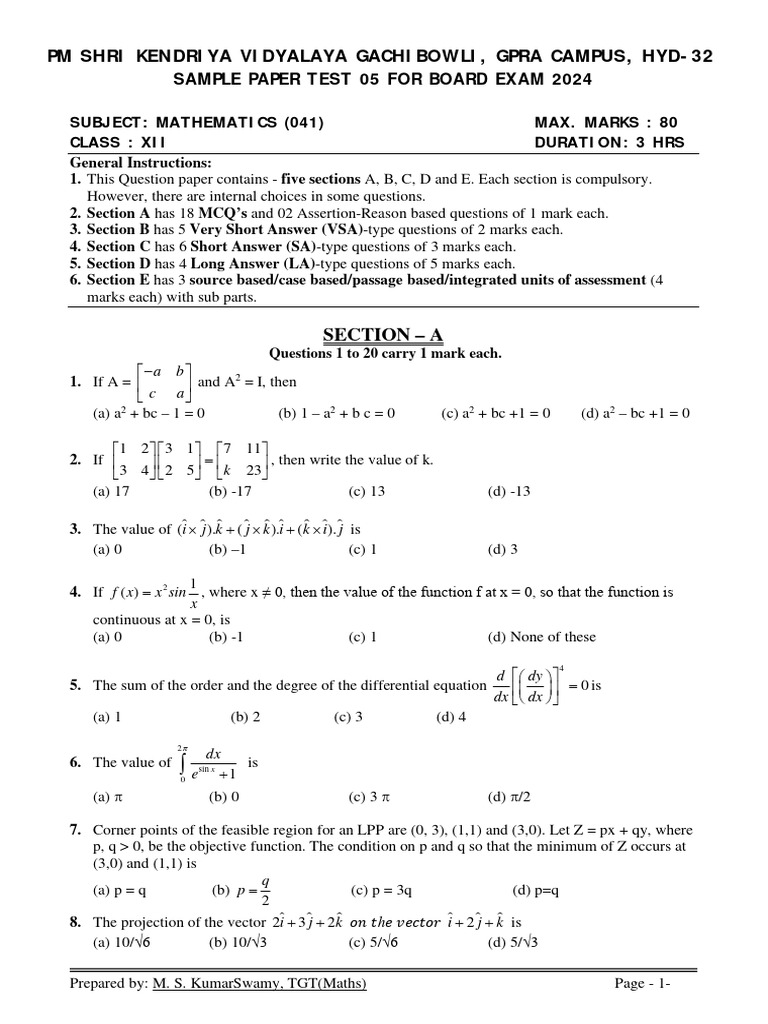 Class 12 Maths Sample Paper 2024 | PDF | Multiple Choice | Linear Algebra