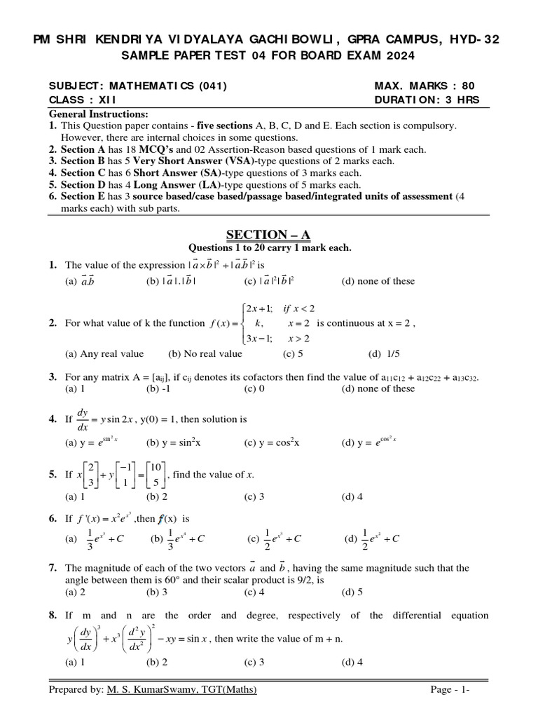 Maths Class Xii Sample Paper Test 04 For Board Exam 2024 | PDF ... Maths Class Xii Sample Paper Test 04 For Board Exam 2024 | PDF ...