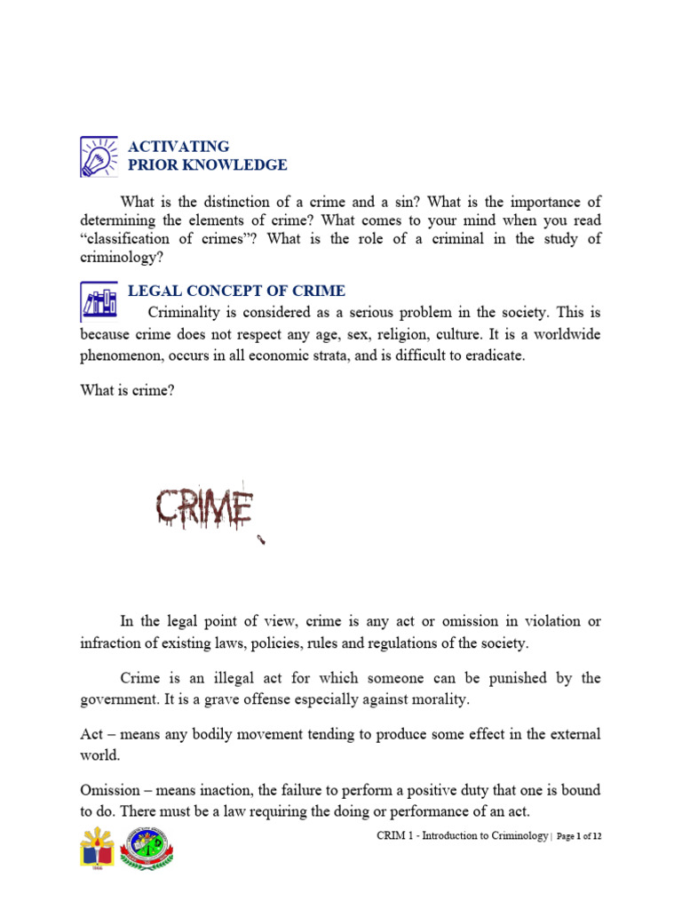 Prelim Notes Intro To Crim m3 | PDF | Mens Rea | Crimes