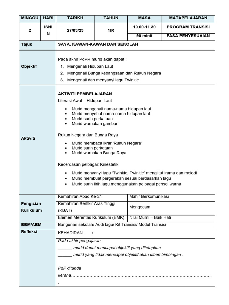RPH Transisi Fasa Penyesuaian 2023 (Minggu 2) | PDF