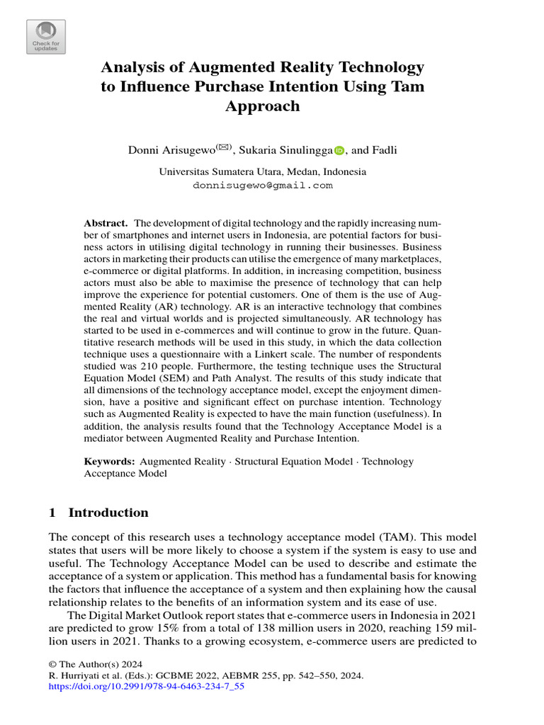 Analysis of Augmented Reality Technology To Influence Purchase Intention Using Tam Approach ...