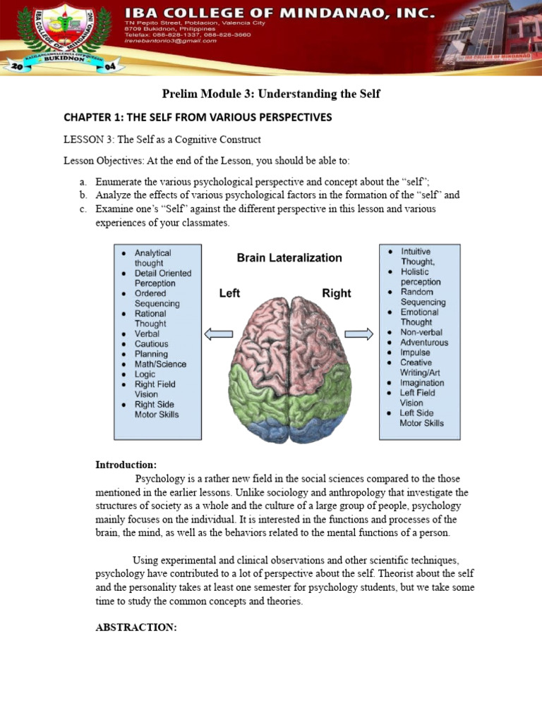 Prelim Module 3: Understanding The Self Chapter 1: The Self From Various Perspectives | Download ...