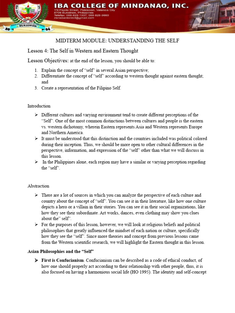 Midterm Module: Understanding The Self Lesson 4: The Self in Western and Eastern Thought Lesson ...