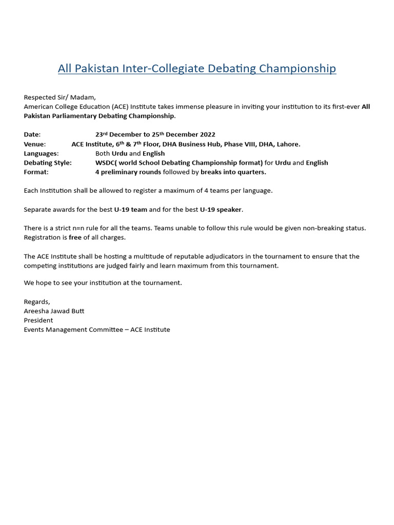 ACE - PDF Invitation For Debates 2022 | PDF