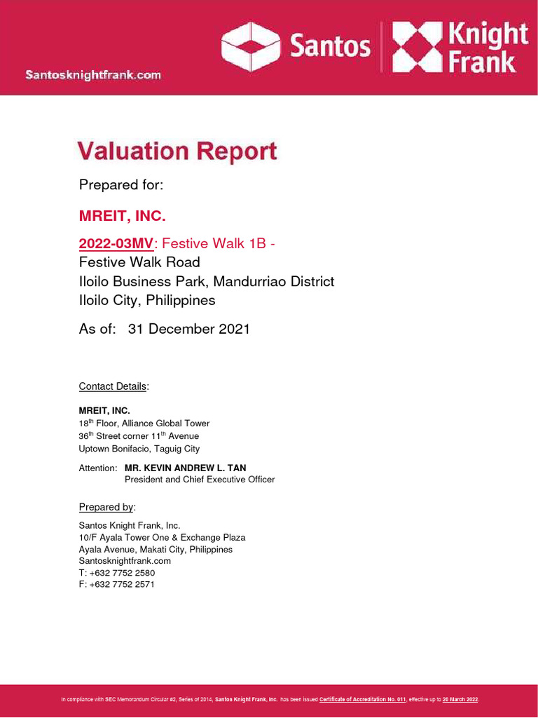 Valuation Report - MREIT INC. Festive Walk 1B Towers 1 2 FINAL SIGNED | Download Free PDF ...