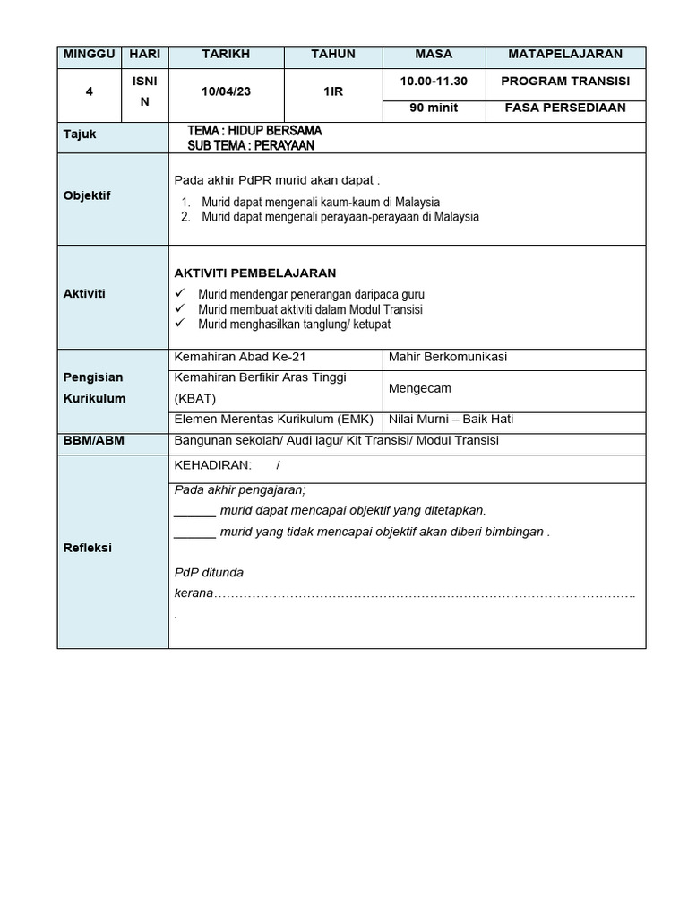RPH Transisi Fasa Persediaan 2023 (Minggu 4) | PDF