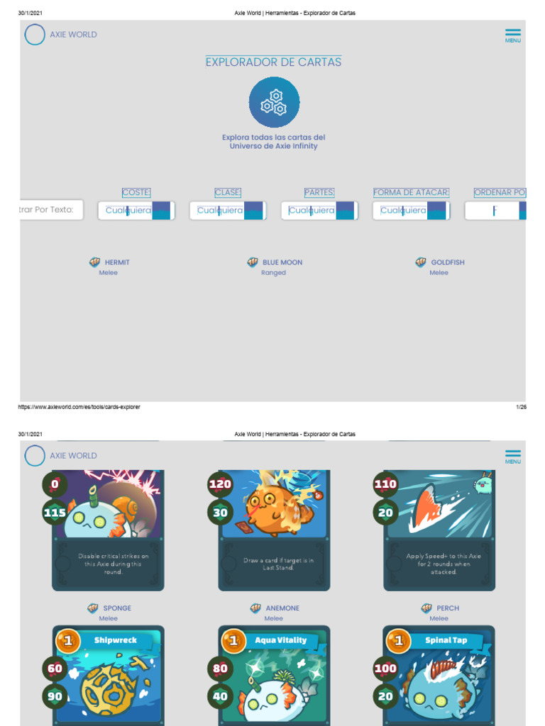 Axie World - Herramientas - Explorador de Cartas | PDF