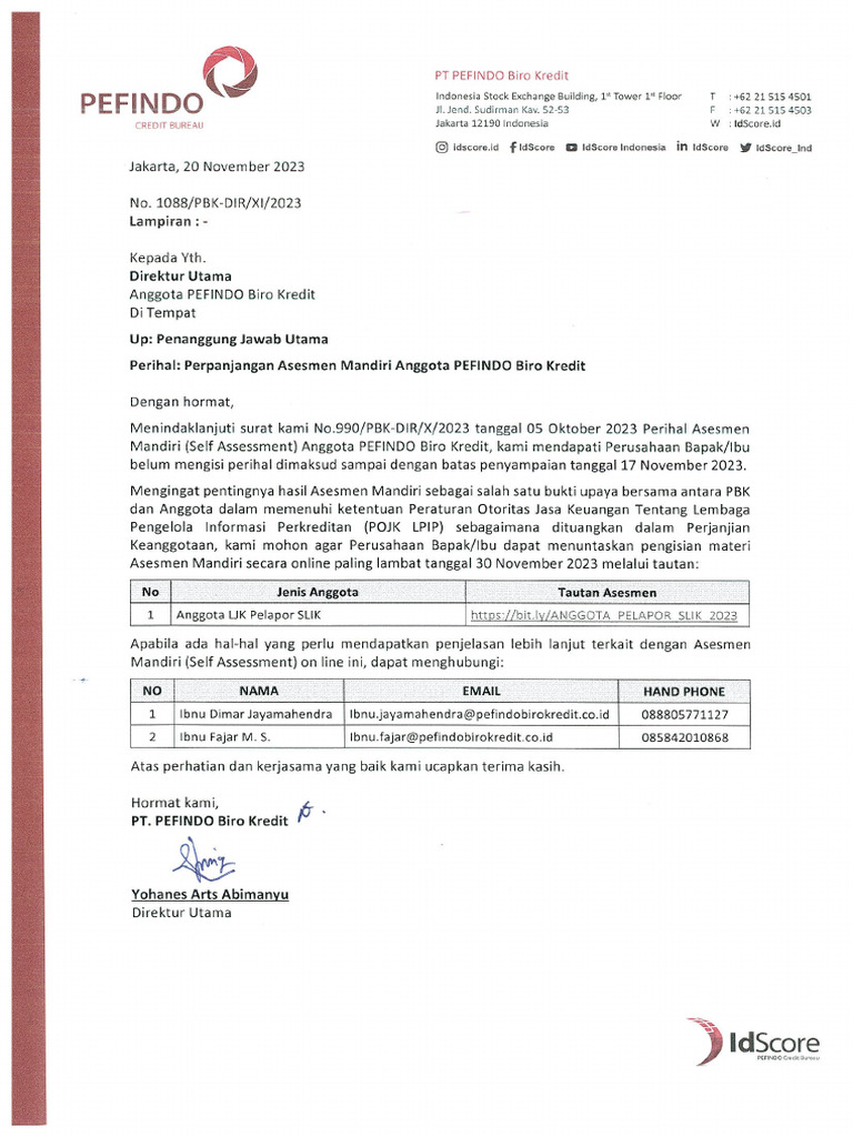 Surat Pengantar Extend LJK Pelapor SLIK | PDF