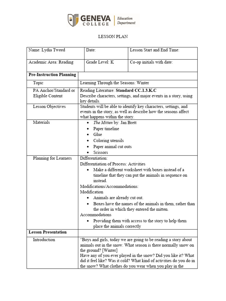 geneva lesson plan chart template | PDF | Lesson Plan | Cognition