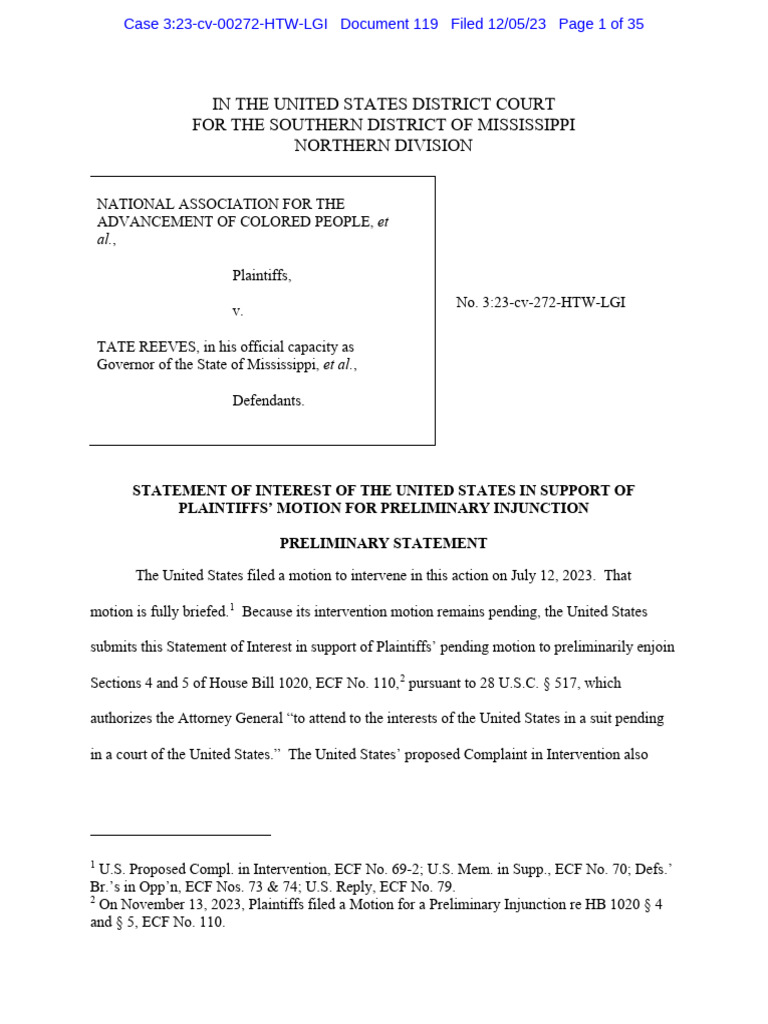 US Supports Injunction Against HB 1020 | PDF | Equal Protection Clause | Fourteenth Amendment To ...