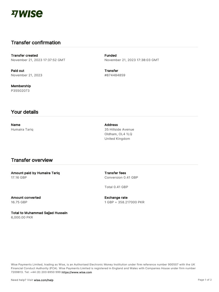 Wise Transaction Invoice Transfer 874484859 2006468726 en | PDF | Banks ...
