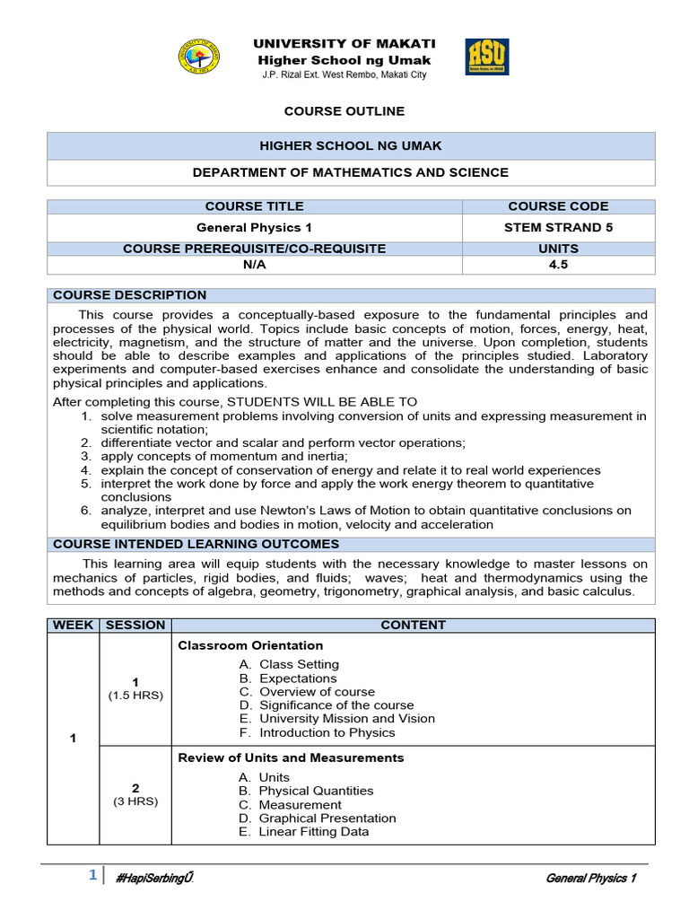 General Physics 1 - Course Outline | PDF | Force | Heat