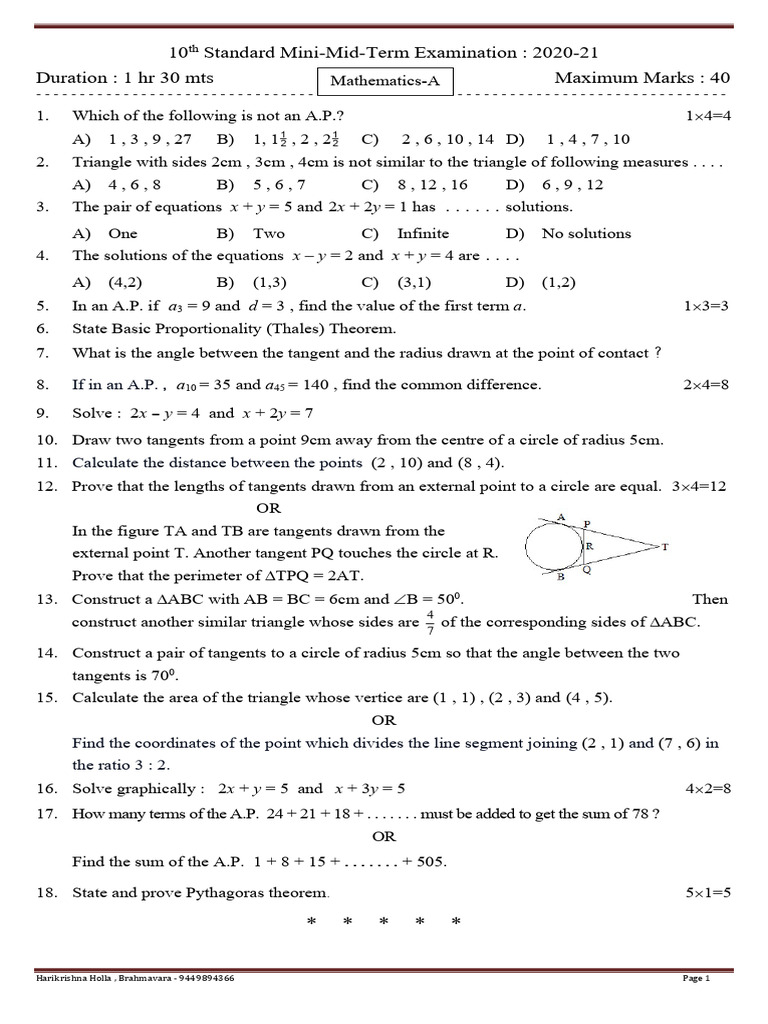 X M Mini Mid Term QP A Eng PDF | PDF | Circle | Triangle
