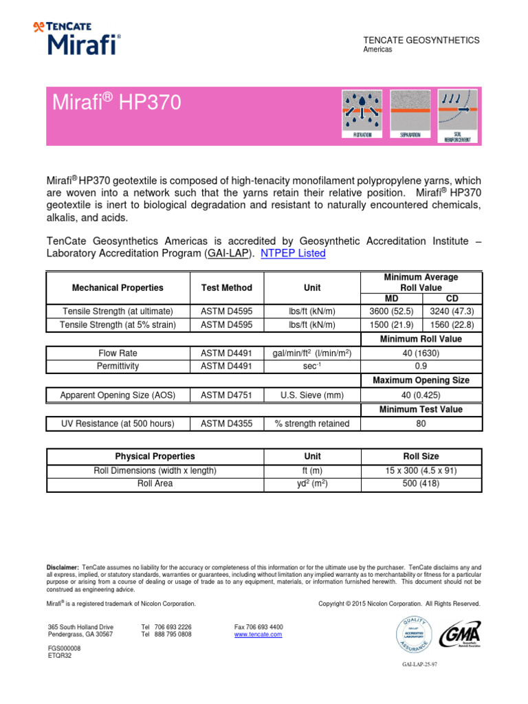 Hoja Técnica Mirafi Hp370 | PDF | Materials | Materials Science