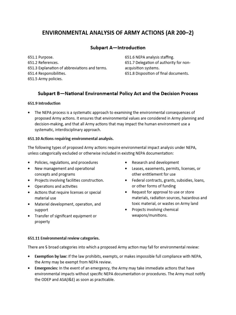 NEPA Assessment for Army Actions | PDF | National Environmental Policy ...