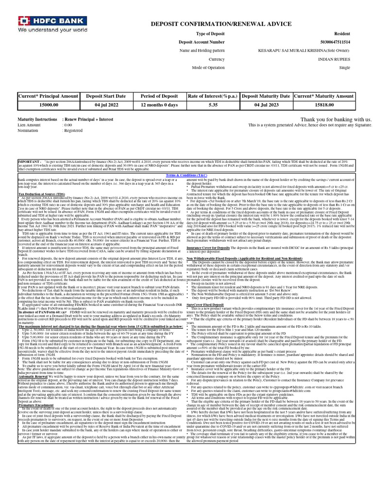 Deposit Confirmation/Renewal Advice | PDF | Money | Banking