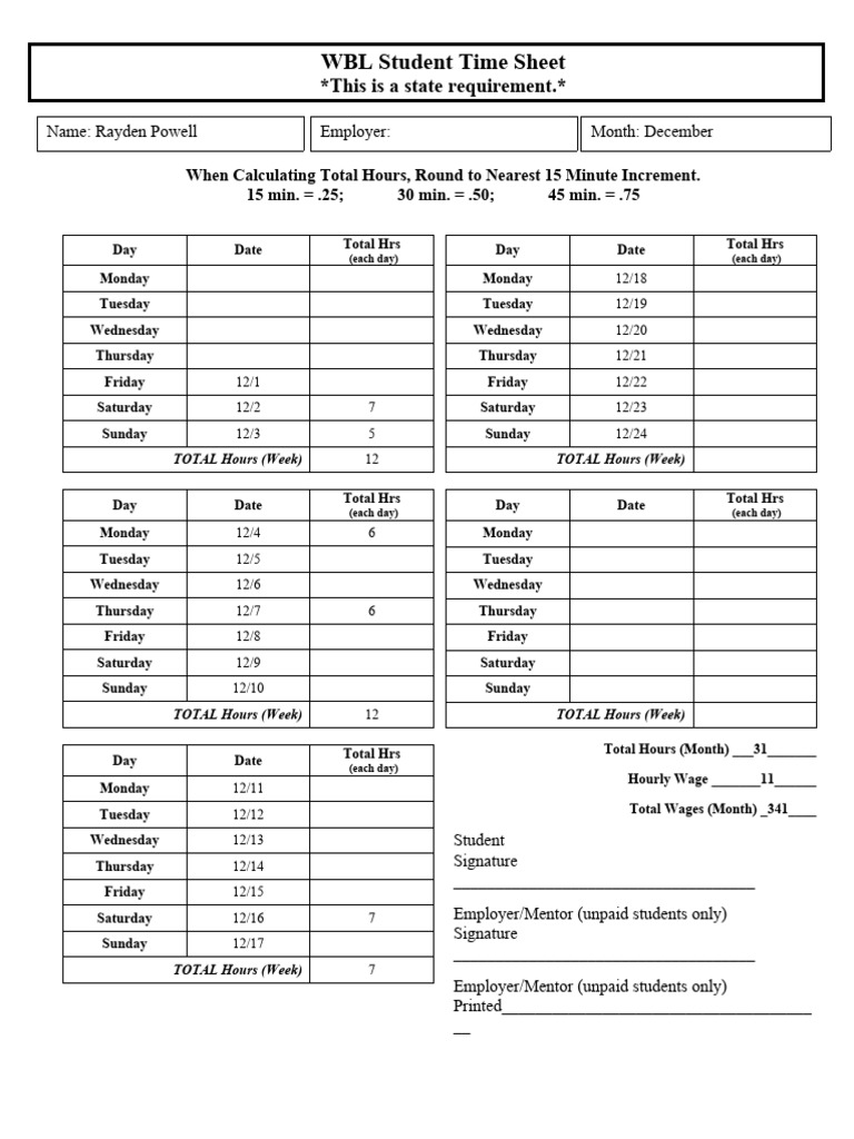 ahs wbl time sheet 1 | PDF